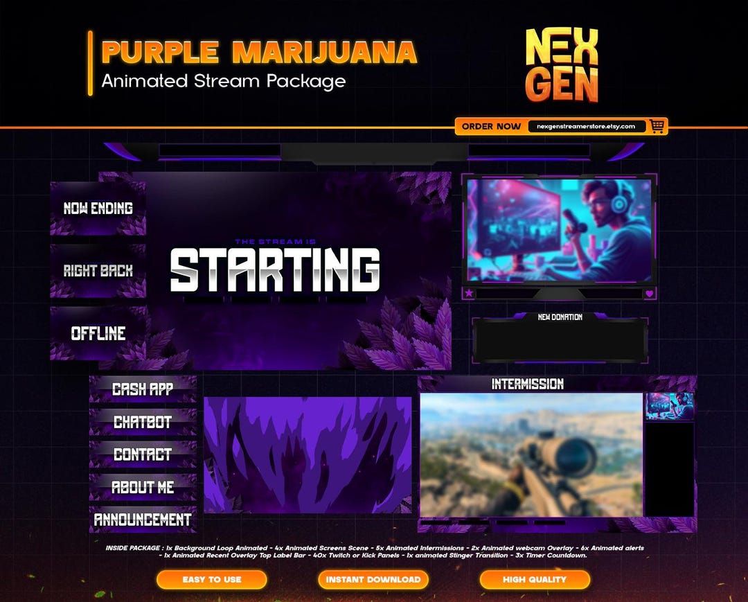 Purple Stream Overlay – Cosmic Leaf Animated Pack for Twitch, OBS, Kick ...