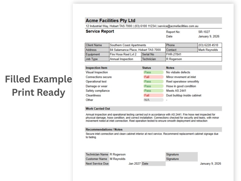 Service Report Template | Google Sheets | Printable A4 | Maintenance ...
