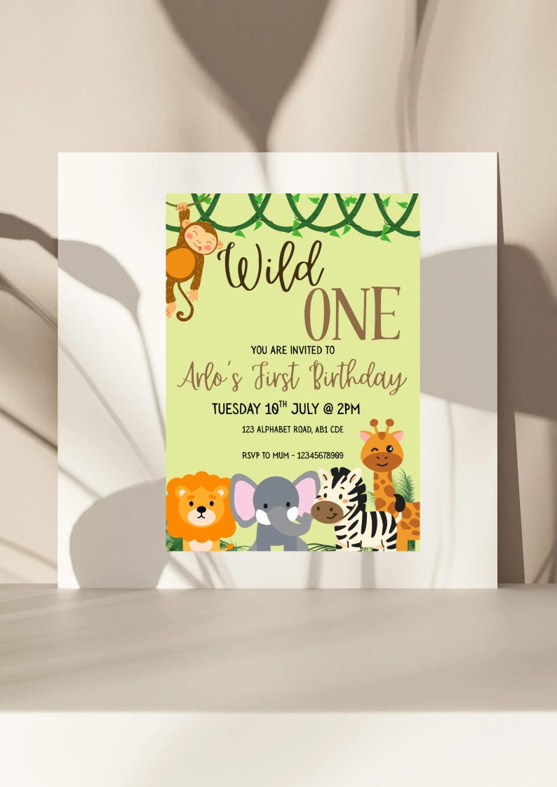 Wild One First Birthday Invitation, Jungle Safari Animals, Editable ...