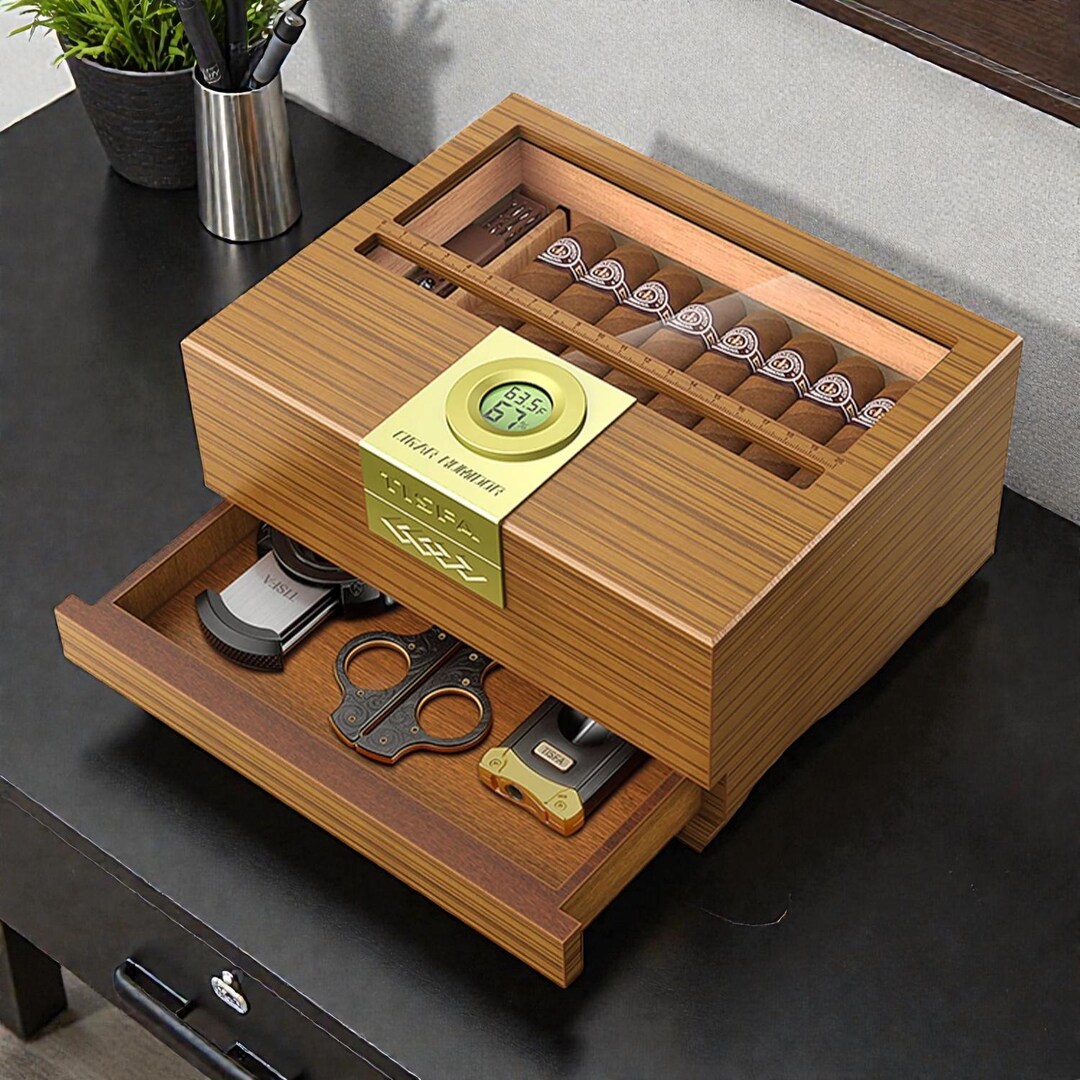Cedar Wood Cigar Humidor Box With Hygrometer and Humidifier, Desktop ...