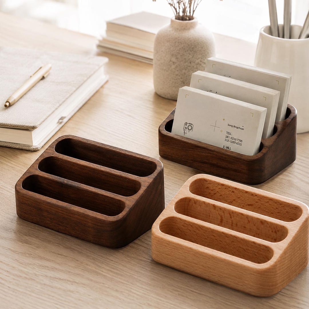 Wood Business Card Holder for Desk, Minimal Office Card Display Stand ...