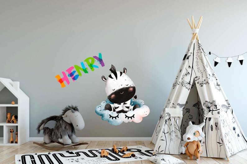 Zebra on a Cloud Playful Nursery - Personalized Name Boho Wall Art Kids ...