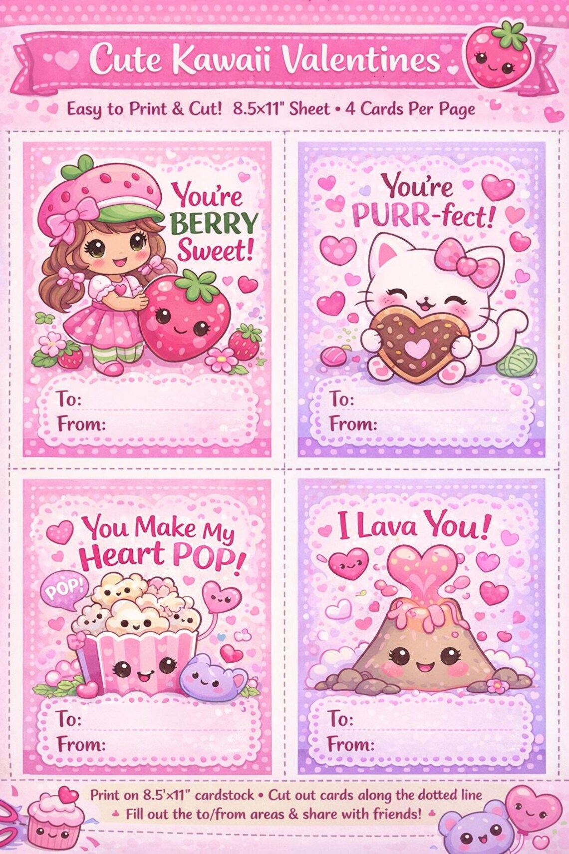 Kawaii Valentine's Day Cards – Kids Classroom Valentines (digital ...