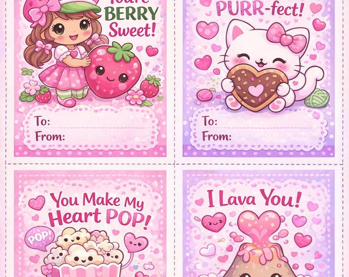 Kawaii Valentine's Day Cards – Kids Classroom Valentines (digital ...