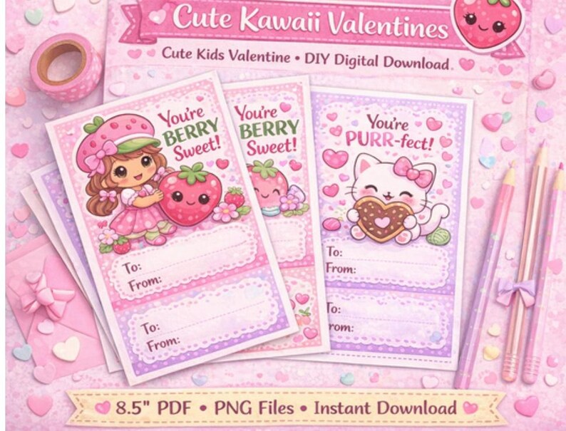 Kawaii Valentine's Day Cards – Kids Classroom Valentines (digital ...