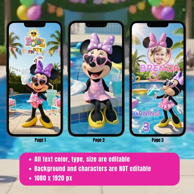 Minnie Mouse Pool Party Animated Video Invitation, Summer Birthday ...