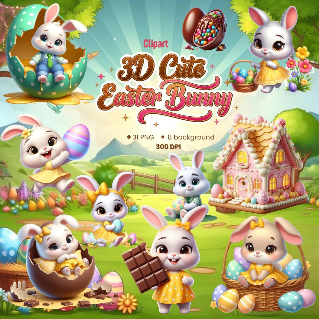 3D Easter Bunny Clipart Set | Pixar Style Graphics (PNG) - Etsy