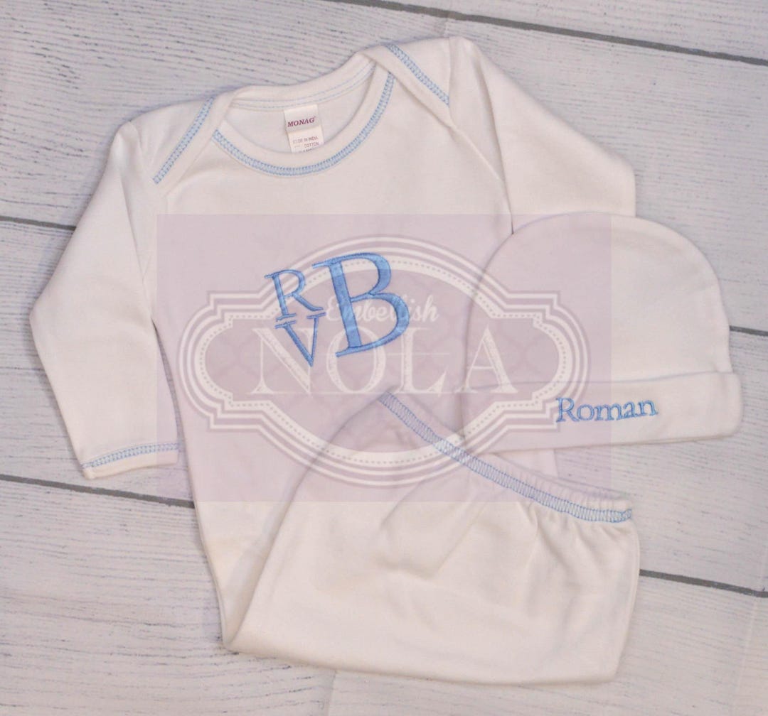 Monogrammed Baby Gown, Baby Boy Gown, Stacked Monogram, Matching ...
