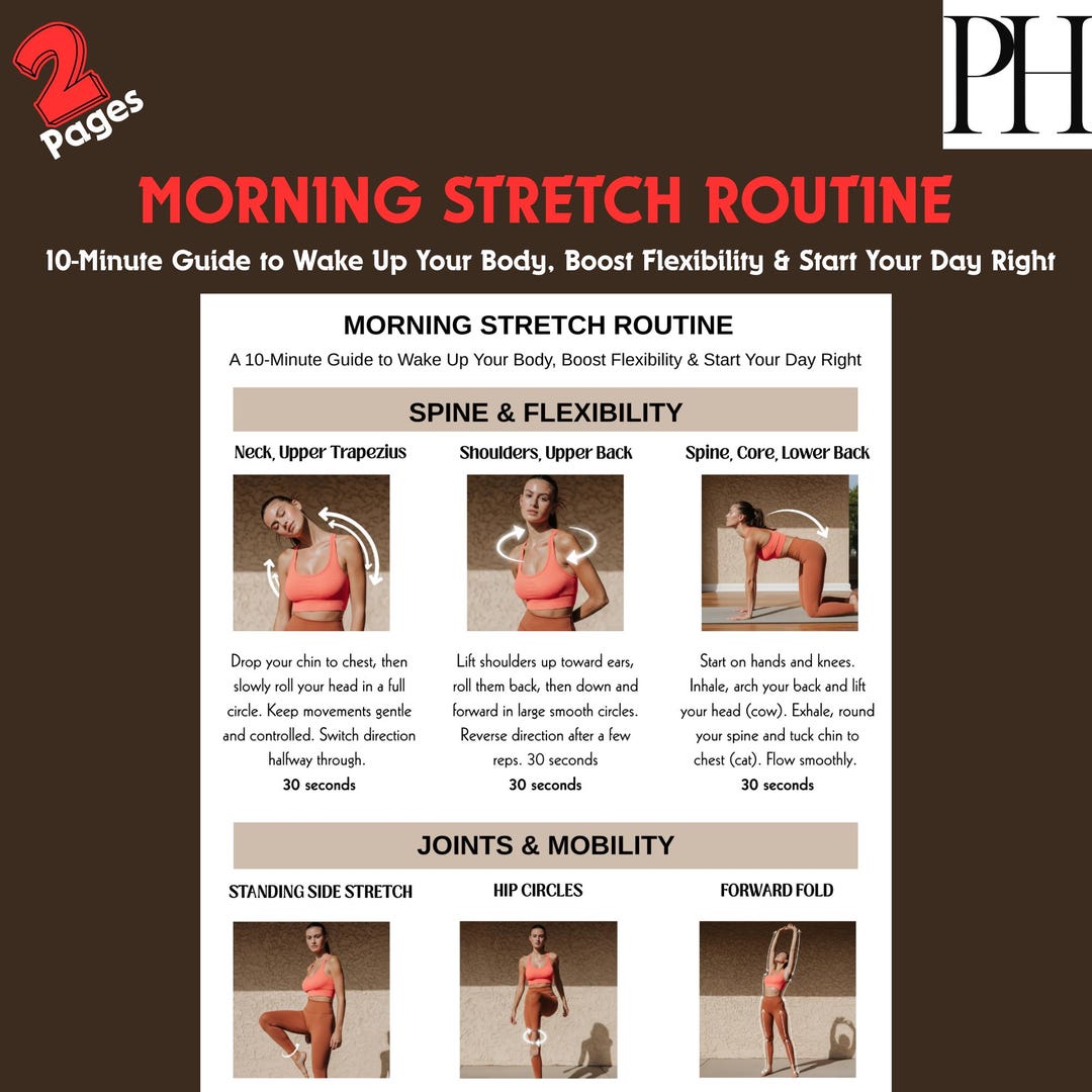 Morning Stretch Routine Poster, 2 Page Stretching Guide, Flexibility ...