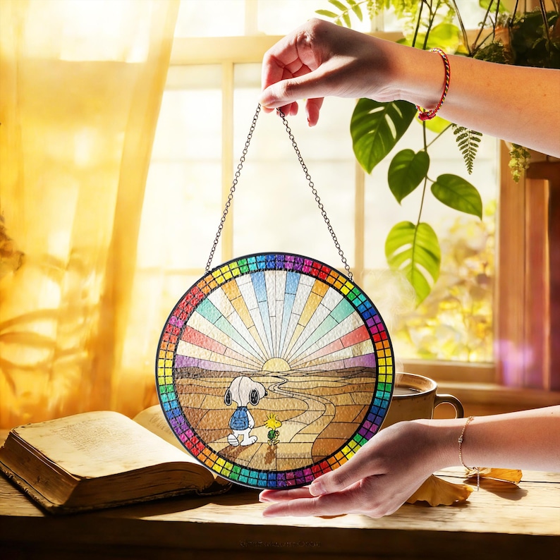 Snoopy and Woodstock Stained Glass Suncatcher, Rainbow Sunset ...