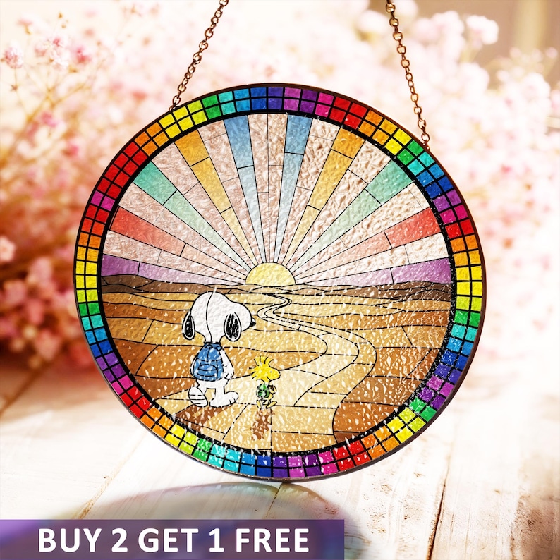 Snoopy and Woodstock Stained Glass Suncatcher, Rainbow Sunset ...