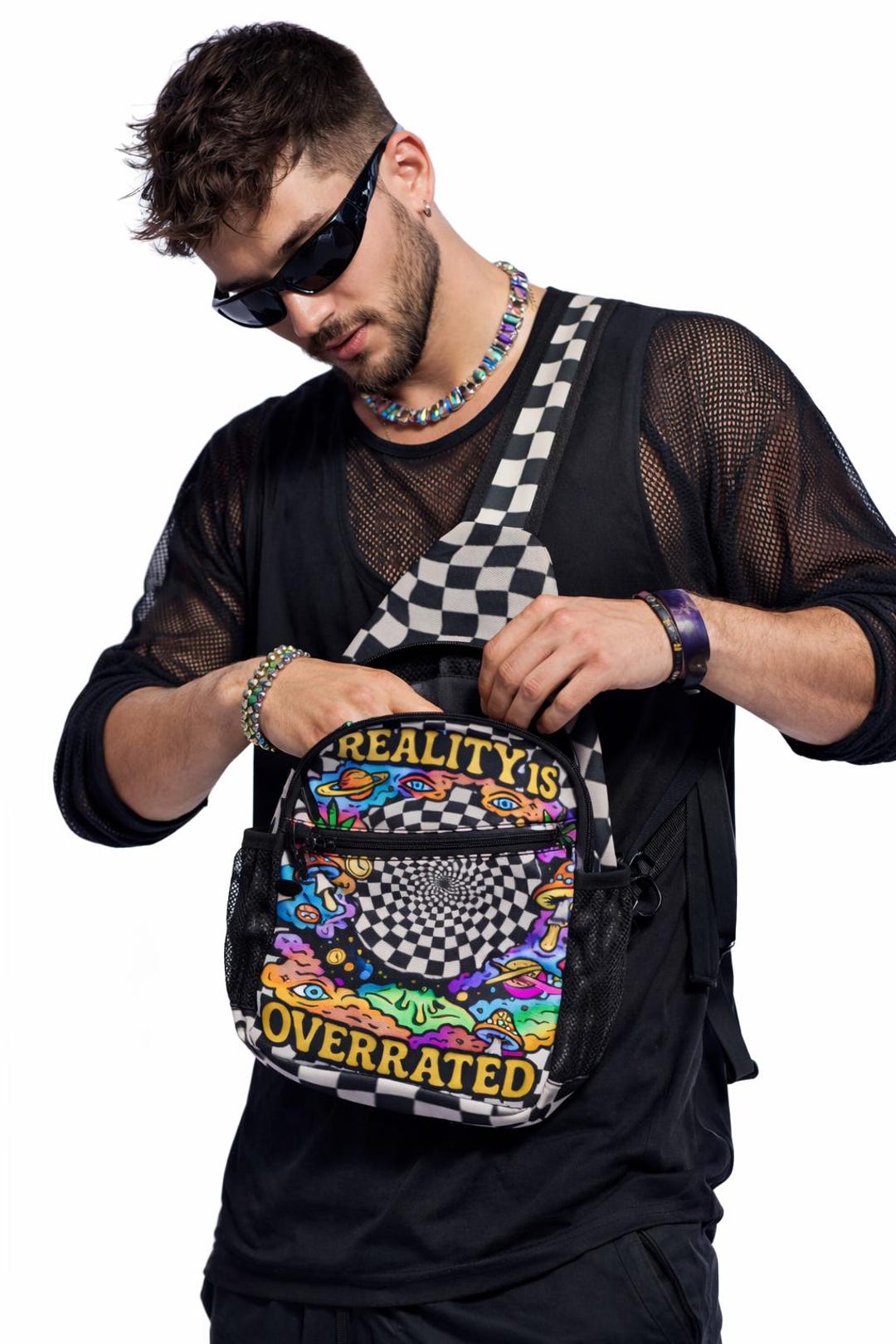 Reality is Overrated Chest Bag | Psychedelic Checkerboard Sling Pack ...