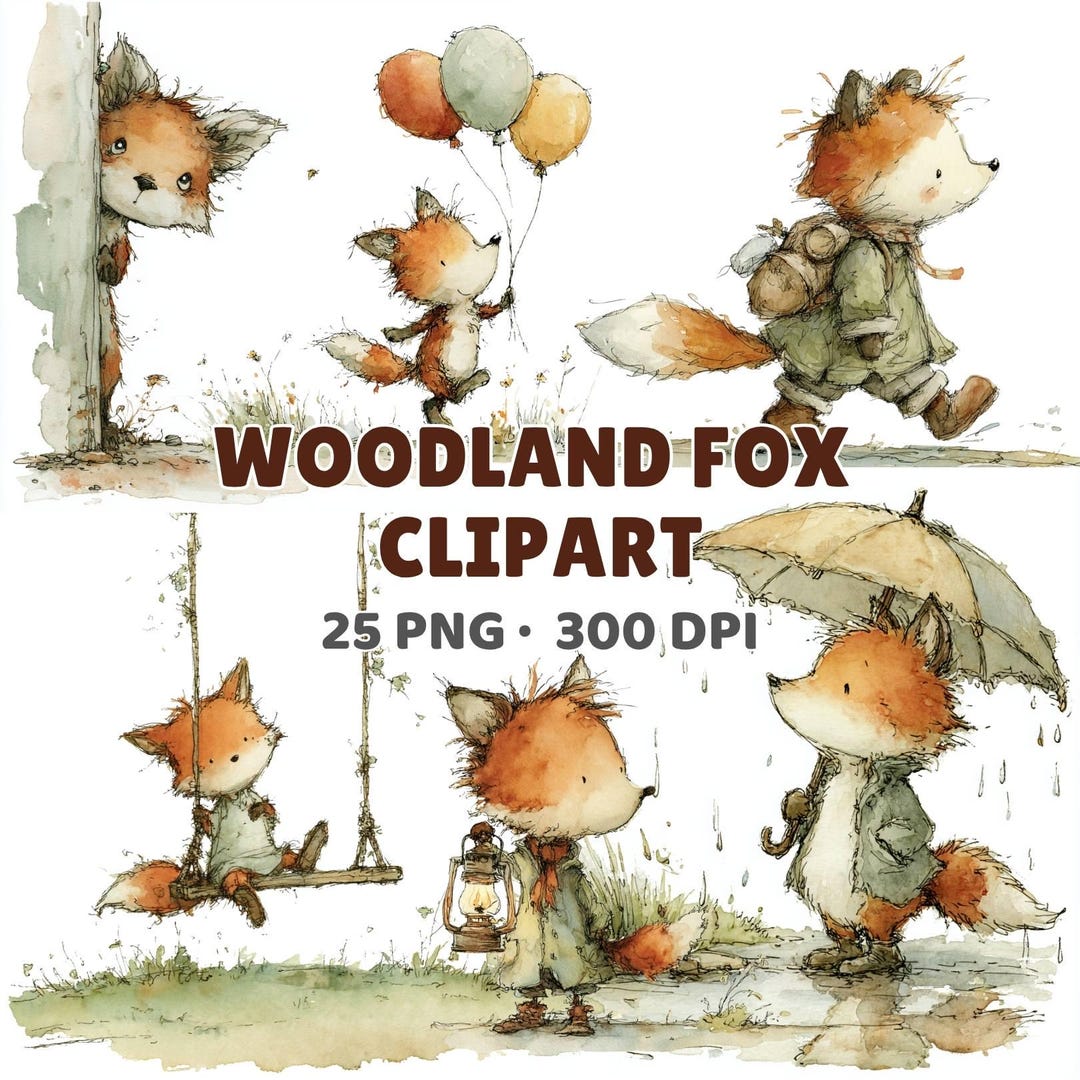 Watercolor Baby Fox Clipart Bundle Woodland Fox PNG Storybook Forest ...