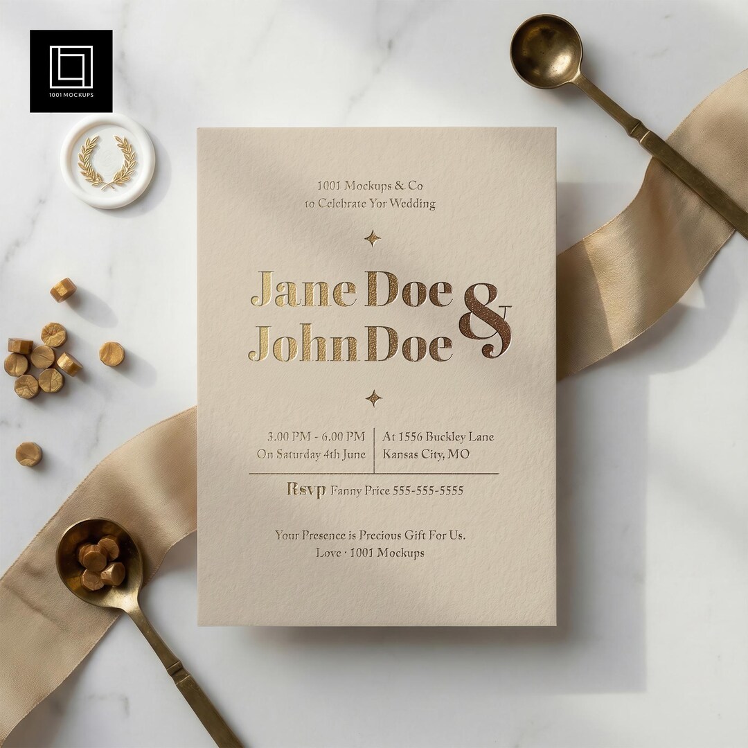 White Marble Invitation Card Mockup | Deboss & Gold Foil Effect ...