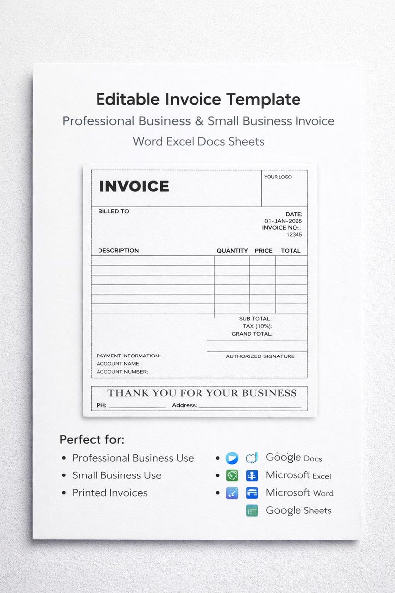 Invoice Template Editable | Professional Invoice Template | Small ...