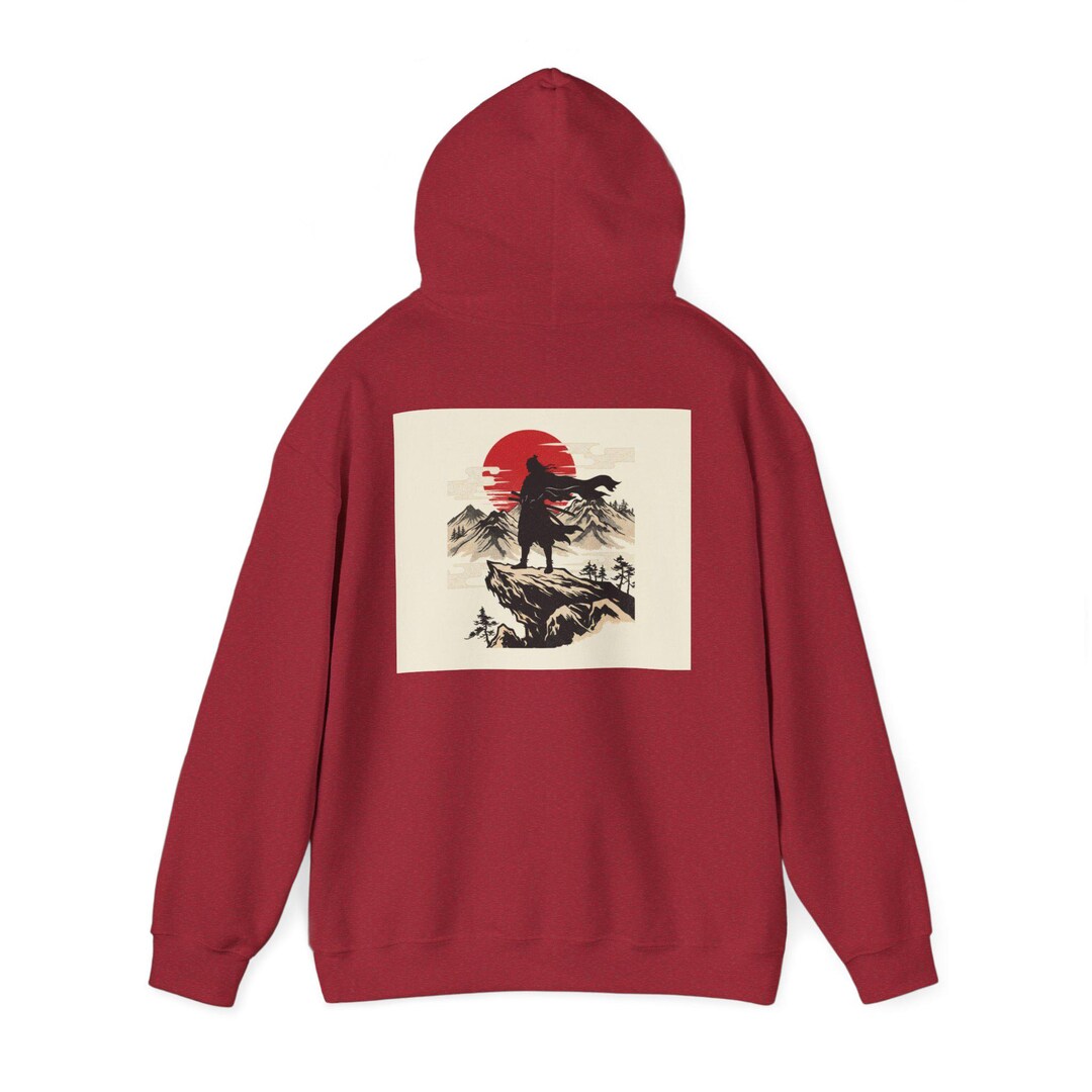 Samurai Sunset Hoodie | Japanese Mountain Warrior Landscape Back Print ...