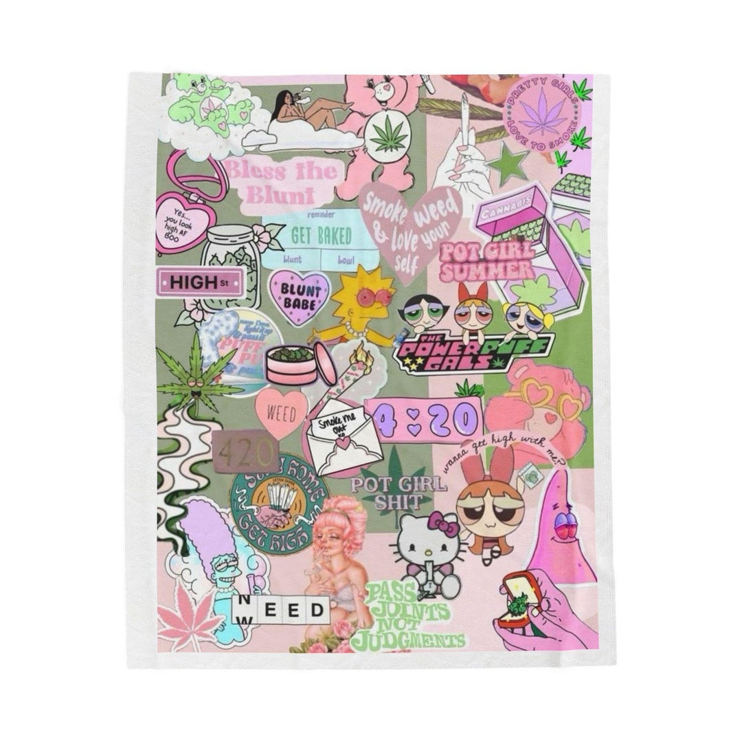 Pink Sticker Collage Velveteen Plush Blanket - Cute Weed & Pop Culture ...