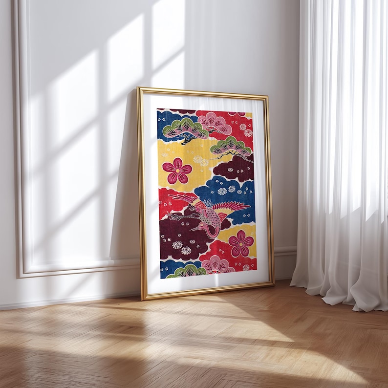 Asian Crane Birds Glicee Textile Art Print Neutral Moody Wall Home ...