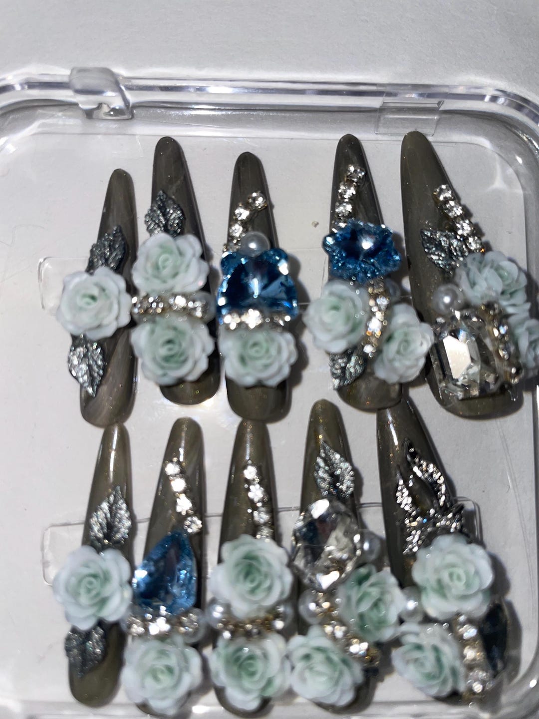 Long Stiletto Gray Acrylic Press on Nail With Silver Charms and Blue ...
