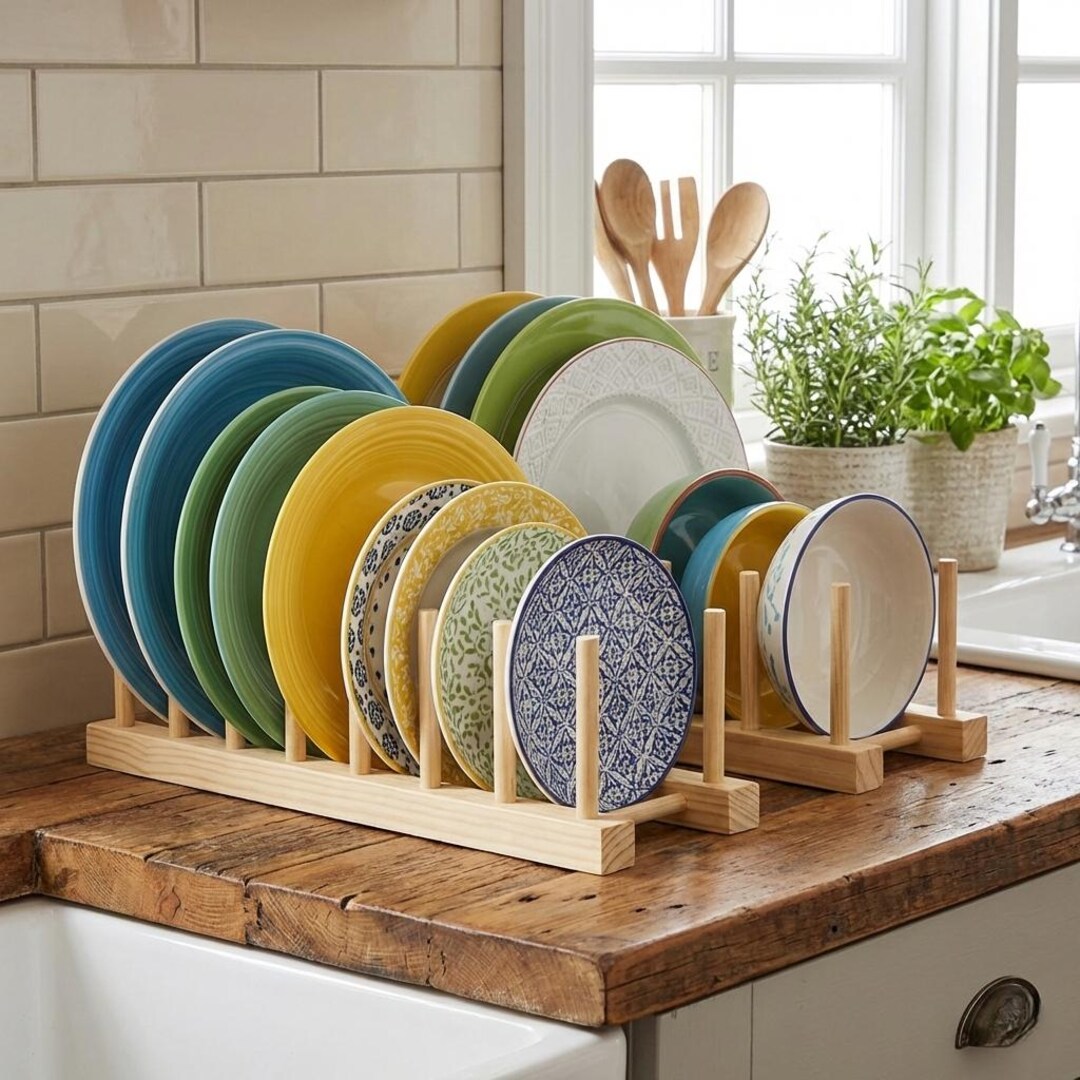 Wooden Plate Rack Organizer, Natural Wood Dish Holder for Kitchen ...