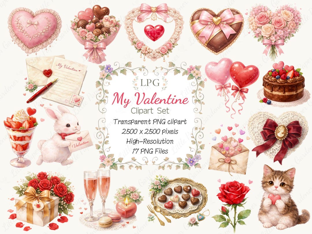 Watercolor Valentine Clipart Set, Pink Hearts, Floral Bouquet (17 PNG ...