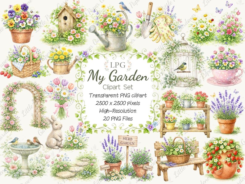 Watercolor Garden Clipart Set, Floral Pots & Garden Tools (20 PNG) - Etsy