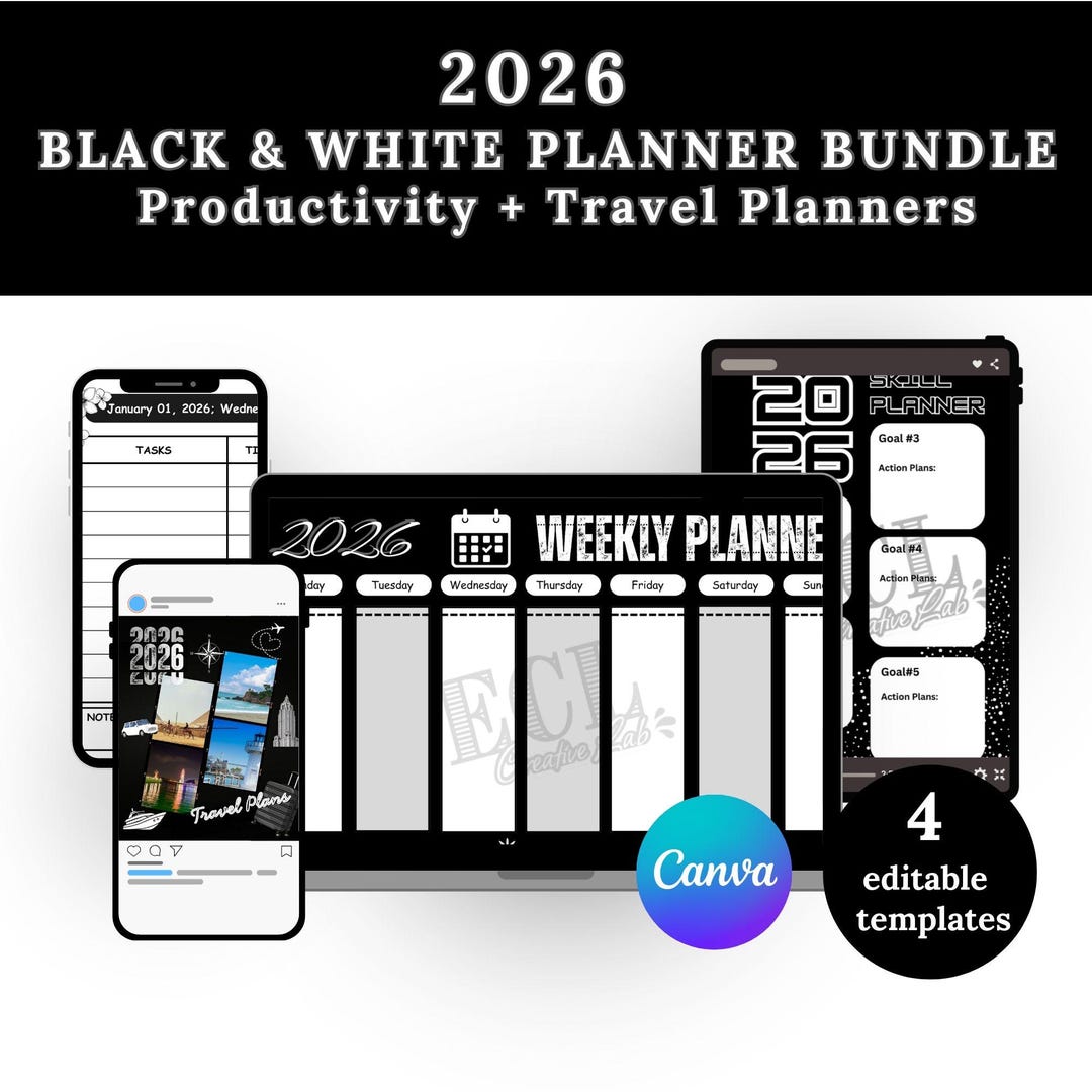 2026 Black & White Planner Bundle | Canva Editable, PLR (digital ...