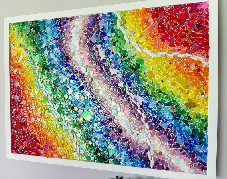 Large One of a Kind Rainbow Mosaic Wall Art 36”x24”, Handmade Glass ...