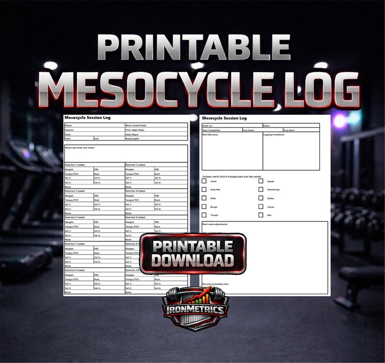 Printable Mesocycle Workout Log | Strength & Hypertrophy (instant ...