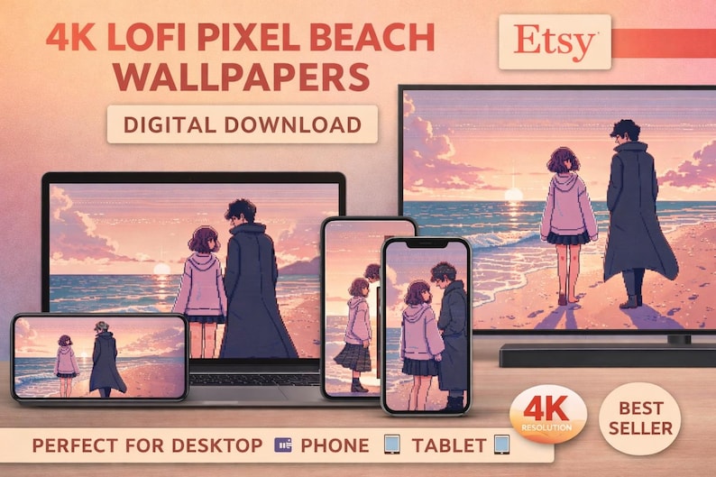 Lofi Pixel Beach Wallpapers 4K Style | Anime Sunset Couple Aesthetic ...