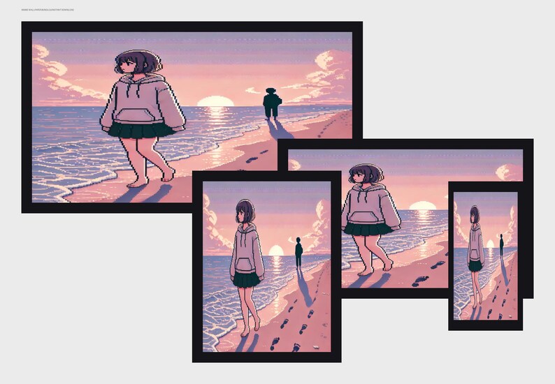 Lofi Pixel Beach Wallpapers 4K Style | Anime Sunset Couple Aesthetic ...
