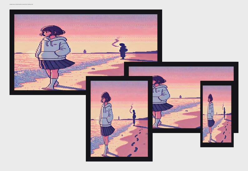 Lofi Pixel Beach Wallpapers 4K Style | Anime Sunset Couple Aesthetic ...