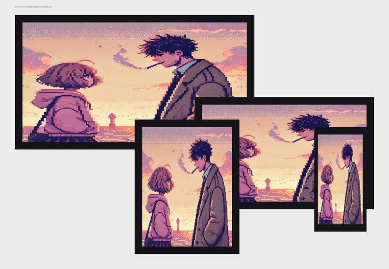 Lofi Pixel Beach Wallpapers 4K Style | Anime Sunset Couple Aesthetic ...