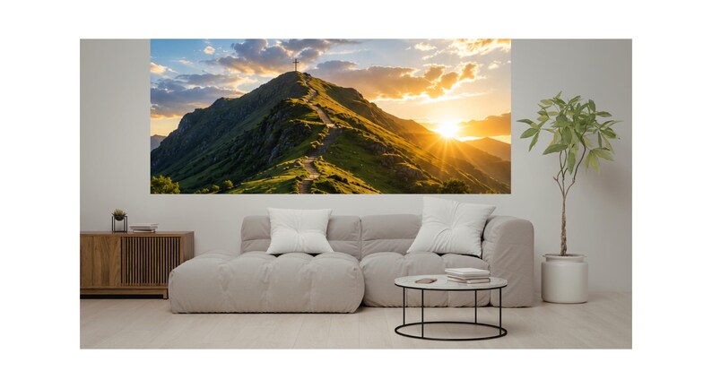 Cross Christian Mountain Landscape Wall Art, Path to the Cross, Sunset ...