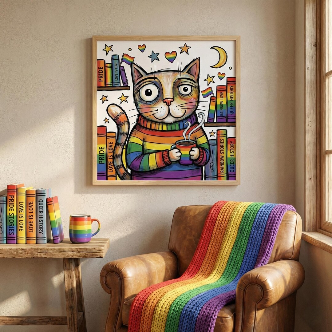 Rainbow Cat LGBTQ Pride Poster, Whimsical Reading Room Art - Etsy