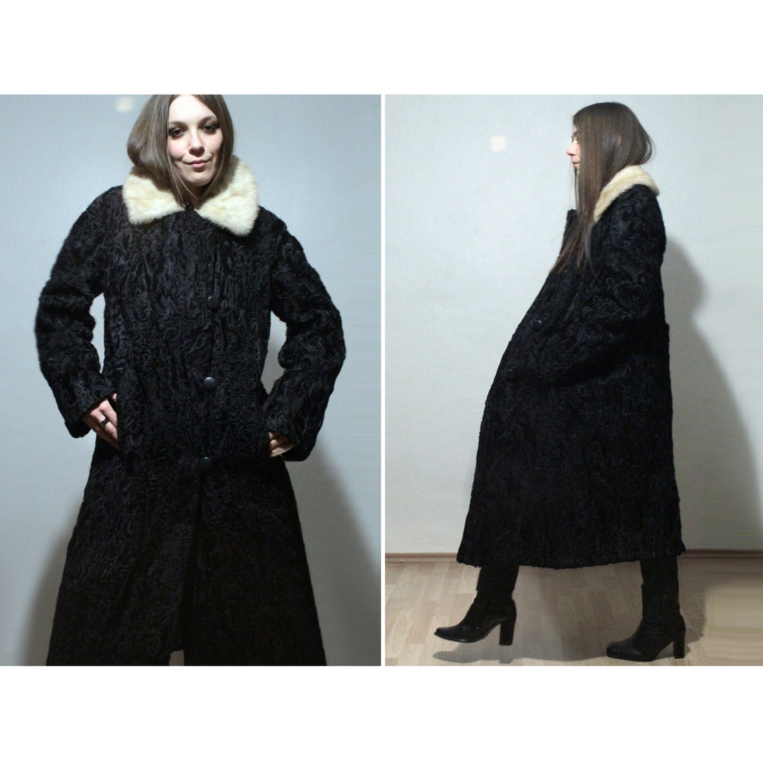 Karakul Sheepskin Coat / 60s Vintage Real Fur / Long Black Shearling ...