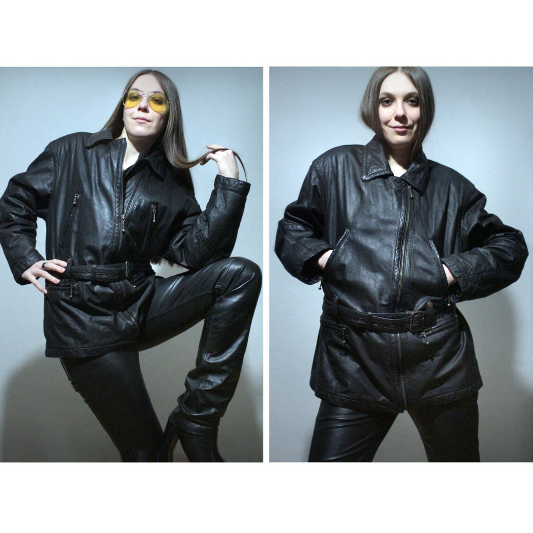 Biker Leather Jacket / 90s Motorcycle Jacket With a Belt - Etsy