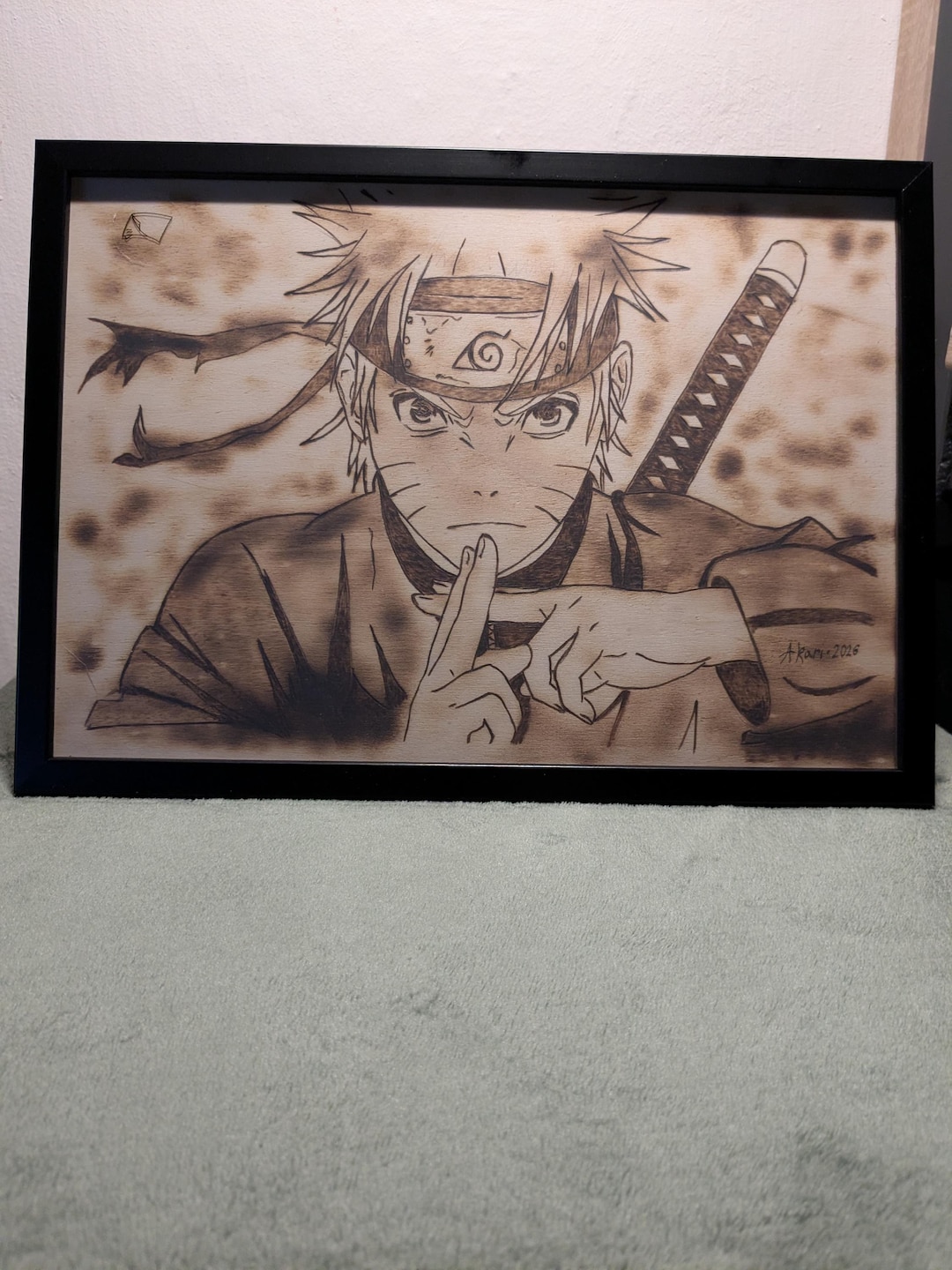 Original Anime Style Woodburning on Wood – One of a Kind Framed Artwork ...