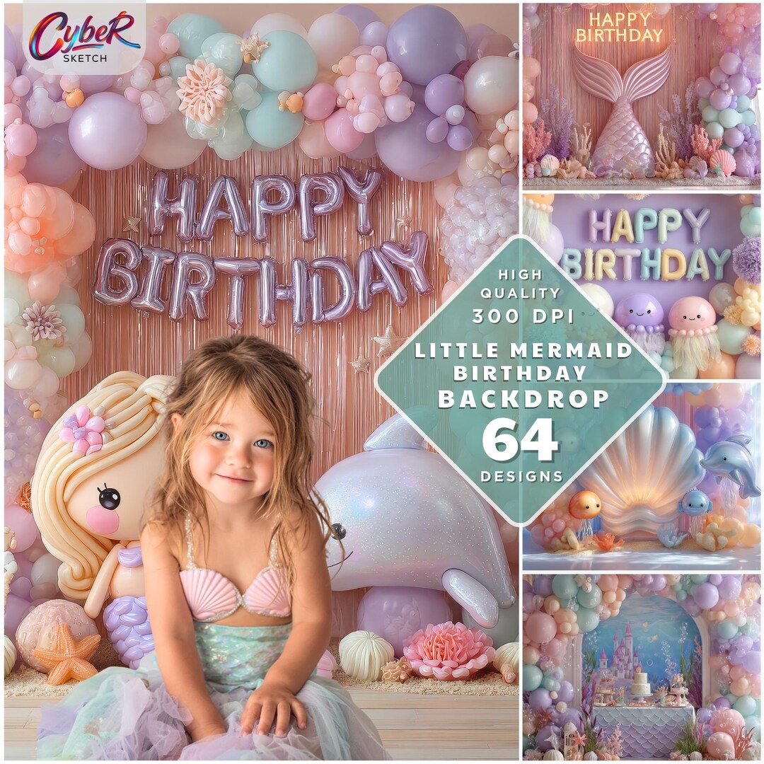 Little Mermaid Birthday Backdrop, Pastel Under the Sea Party (digital ...
