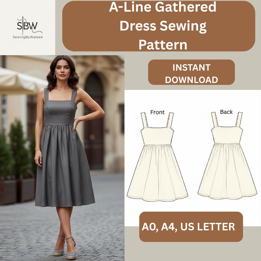 A-line Gathered Dress Sewing Pattern PDF | Beginner Friendly | Includes ...
