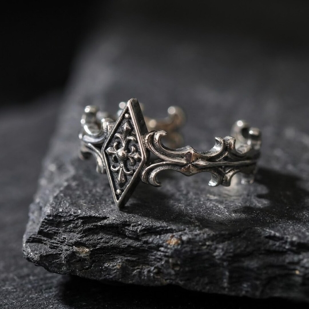 Fleur De Lis Cross Ring, Gothic Rhombus Band, Medieval Heraldry Silver ...