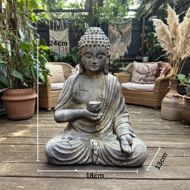 Stone Buddha Garden Statue With LED Tea Light Zen Meditation Decor ...