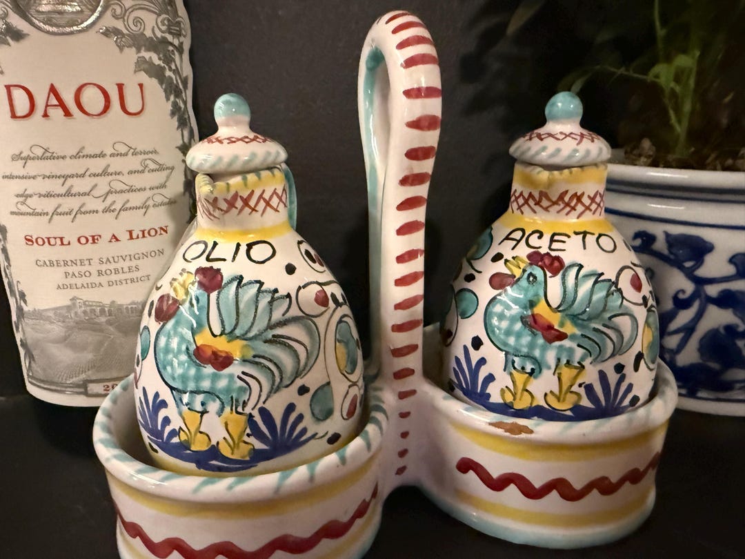 Hand Painted Italian Deruta Ceramic Rooster Cruet Set, Mediterranean ...