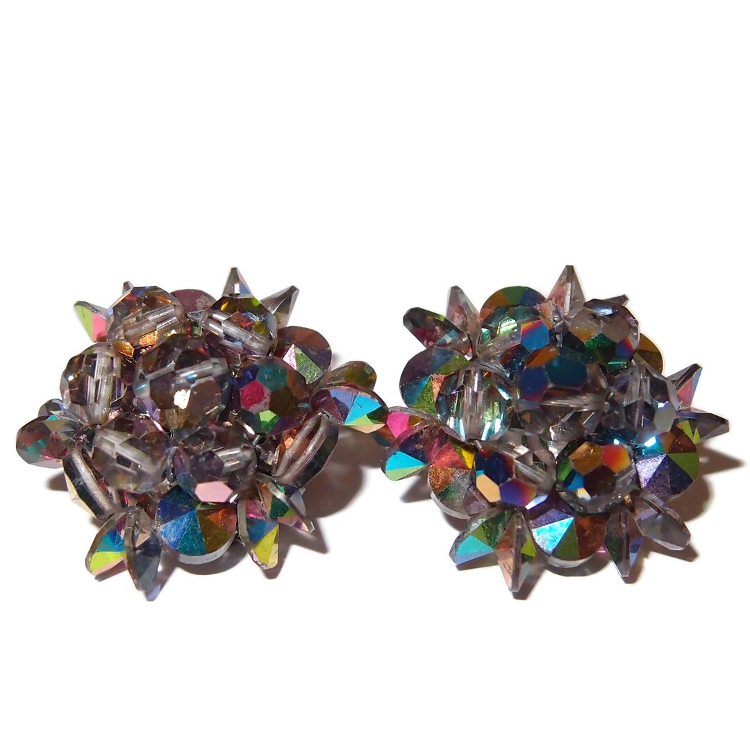 Spiked Rainbow Crystal Vintage Clip-on Earrings - Etsy