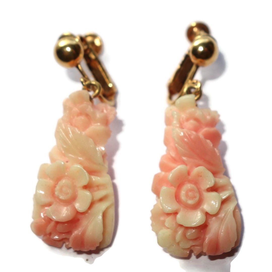 Molded Peach Celluloid Floral Drop Earrings - Etsy