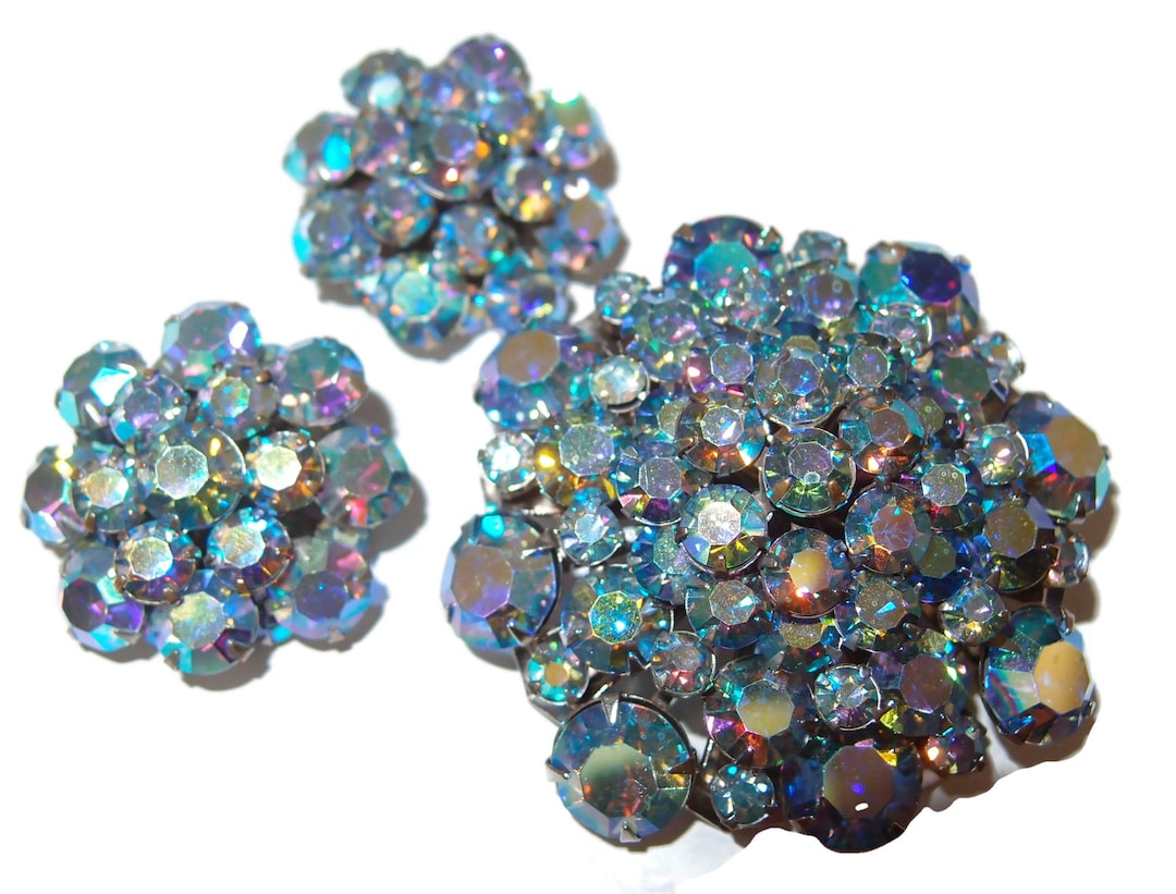 Large Vintage Blue Aurora Borealis Brooch Earring Set - Etsy