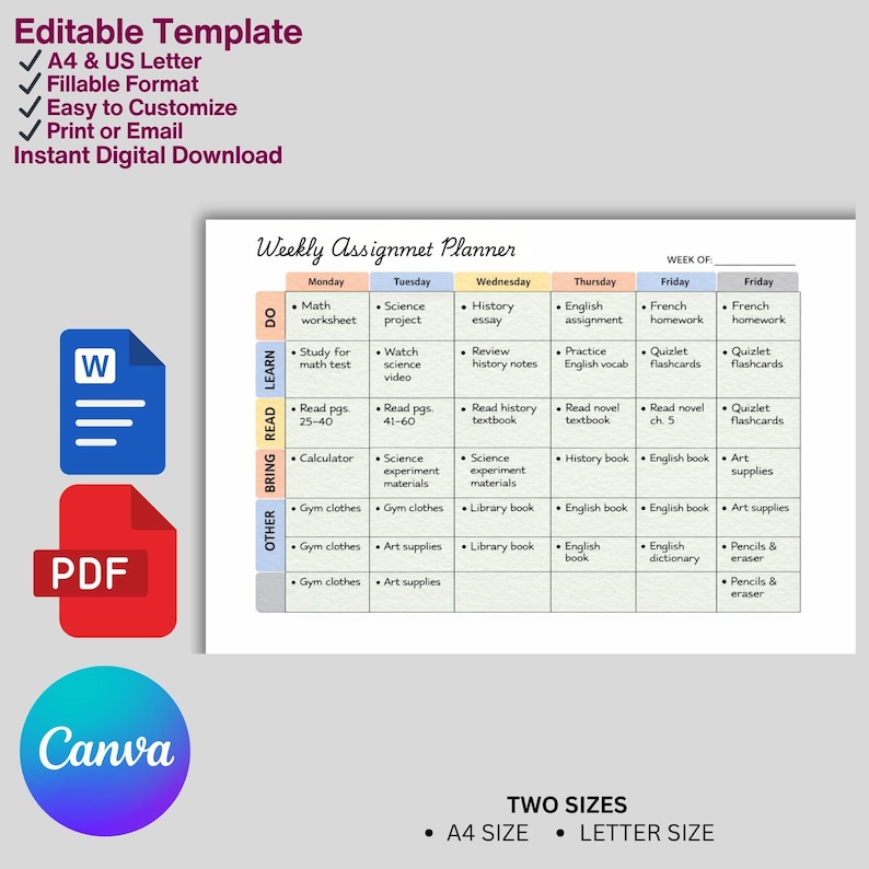 Weekly Assignment Planner | Student Study Schedule (word & PDF Download ...