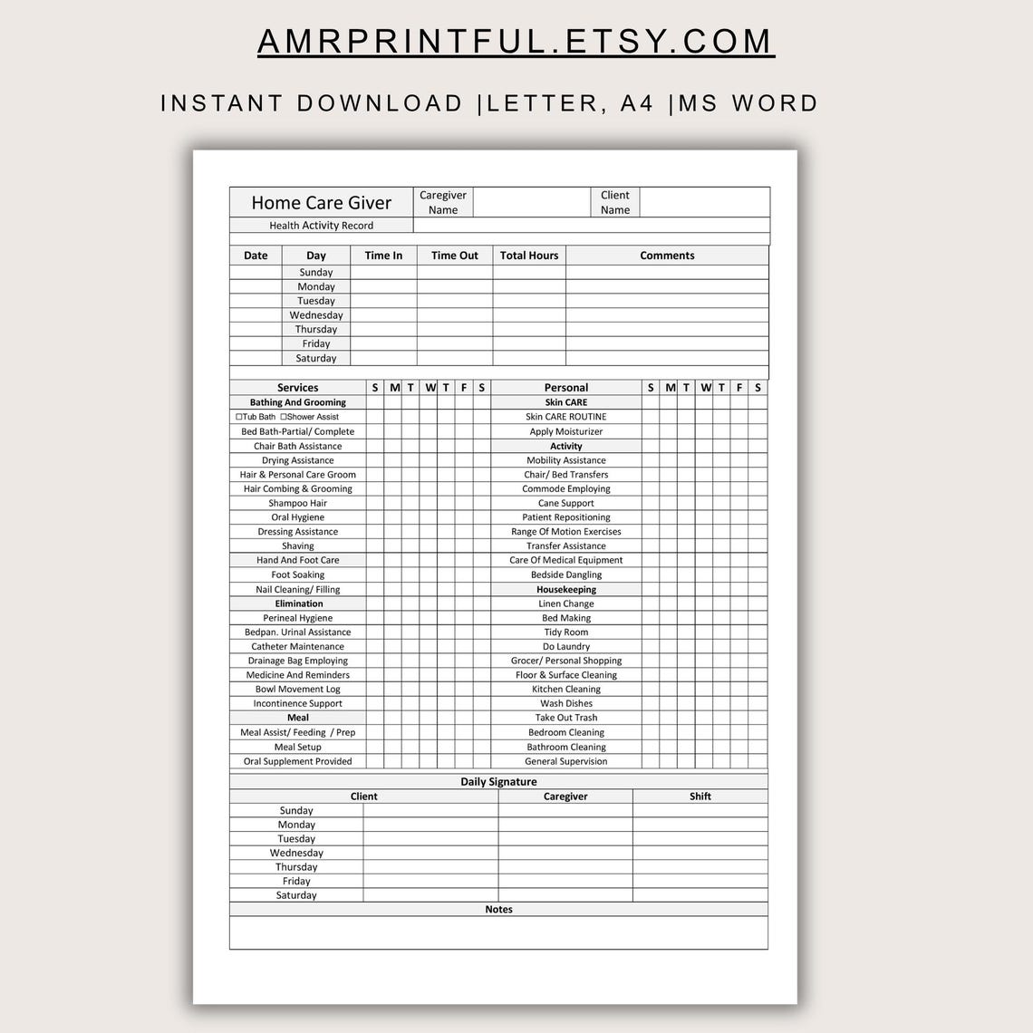 Home Health Caregiver Log Sheet | Daily Care Report, Task Checklist ...