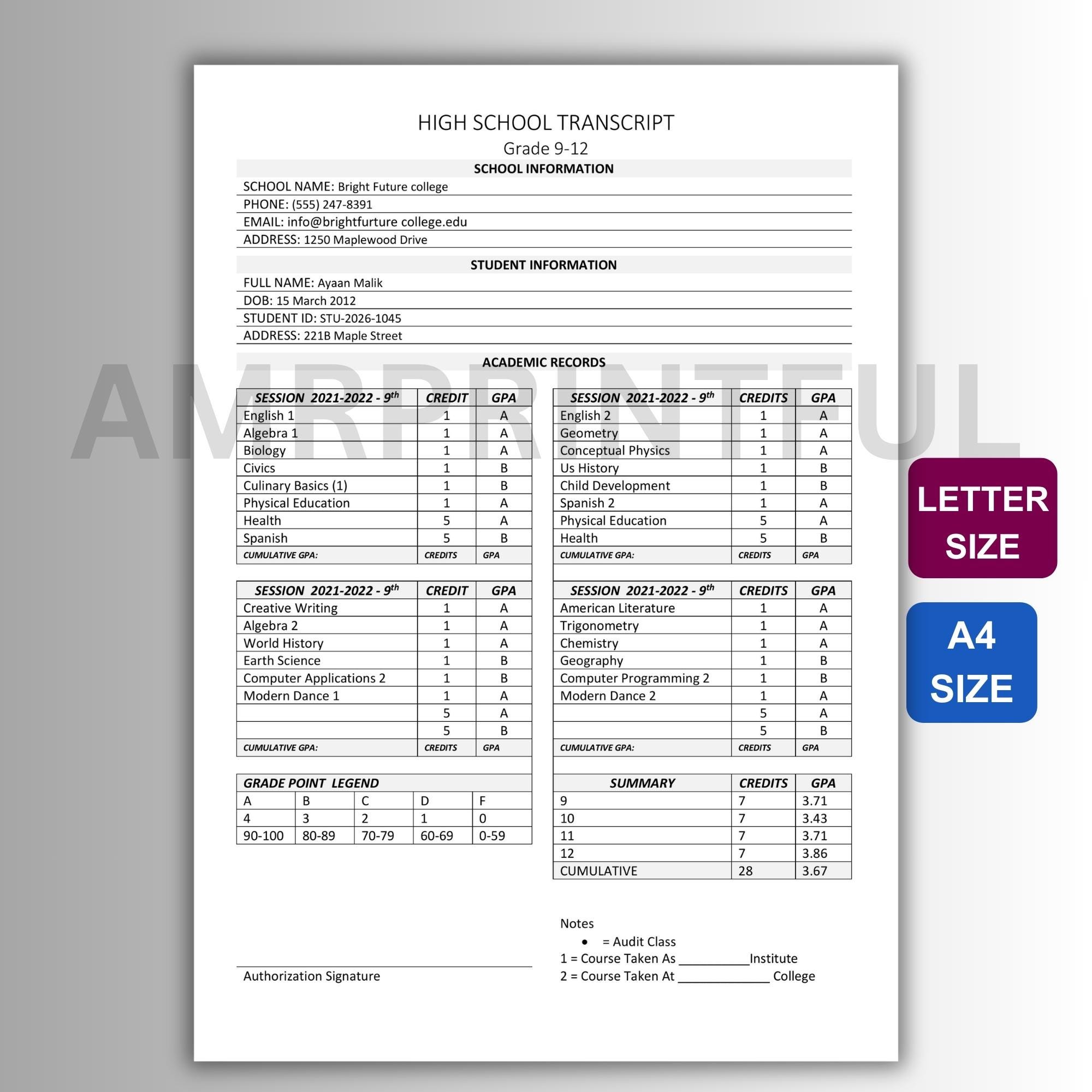 Editable High School Transcript Template (digital Download) - Etsy