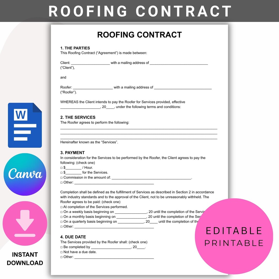 Editable Roofing Contract Template (WORD, PDF, Canva) - Etsy